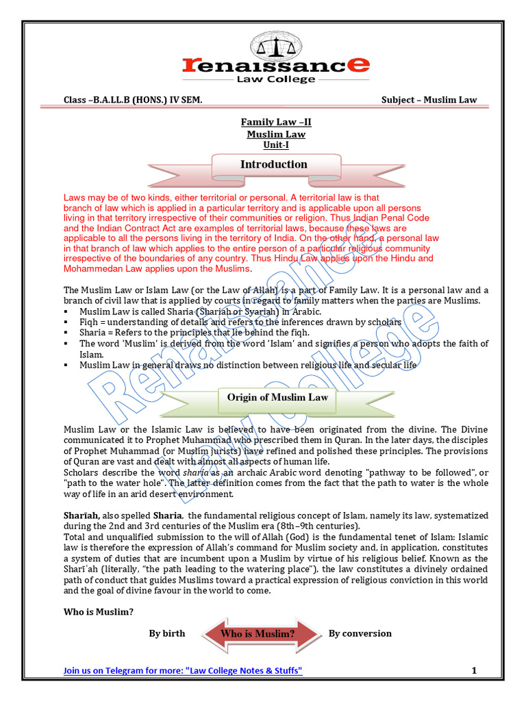 Muslim Law Renaissance Law College Notes | PDF | Sharia | Isma'ilism