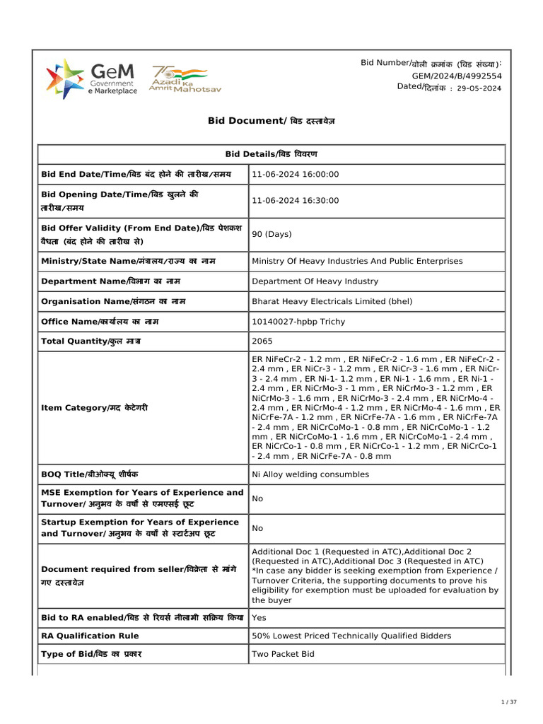 BHEL Ni Alloy Welding Bid 2024 | PDF