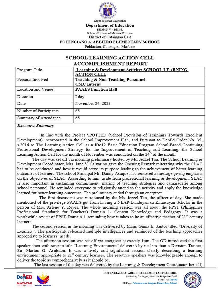 SLAC Completion Report | PDF | Learning | Teachers