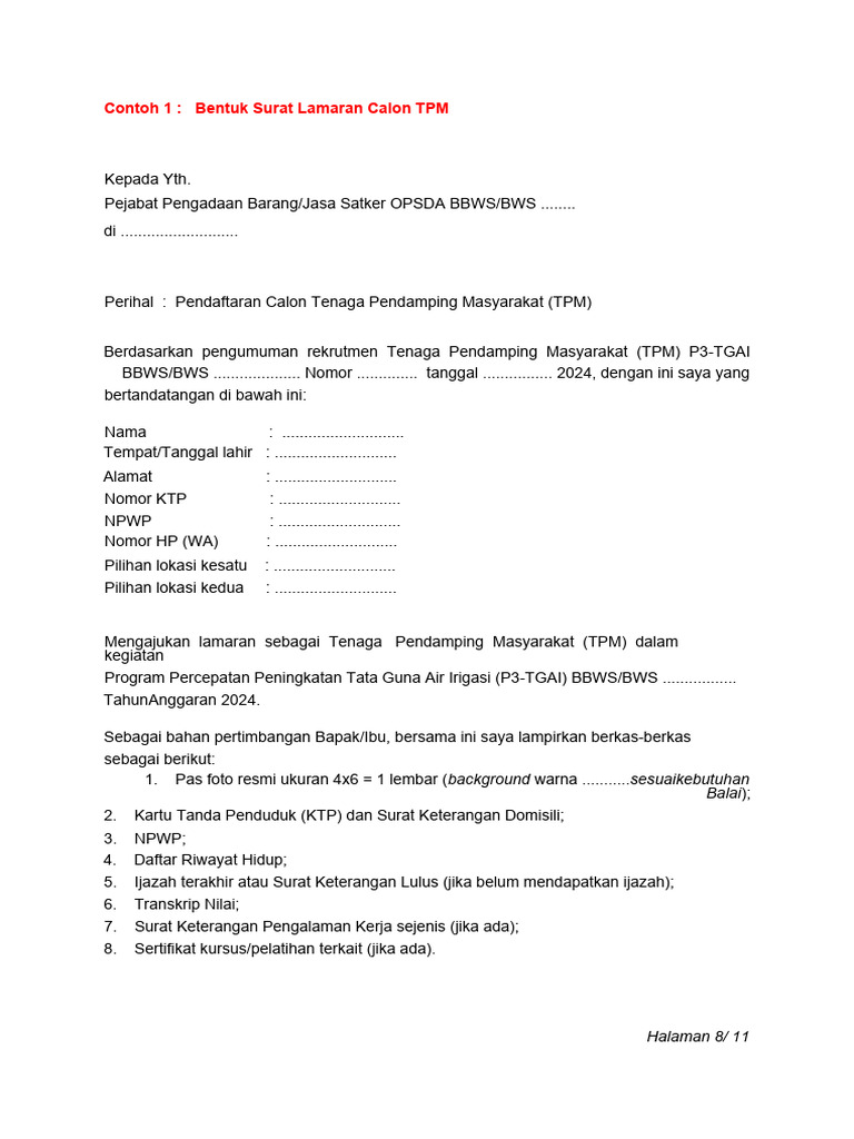 Format Surat Lamaran, Surat Pernyataan, CV, Rekrutmen TPM 2024 | PDF