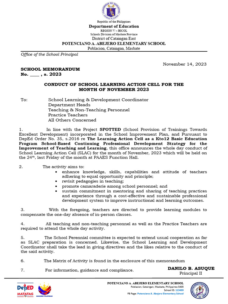 SLAC MEMO NOVEMBER2023 - Copy | Download Free PDF | Teachers | Learning