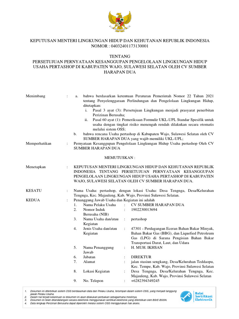 Persetujuan PKPLH Sumber Harapan Dua | PDF