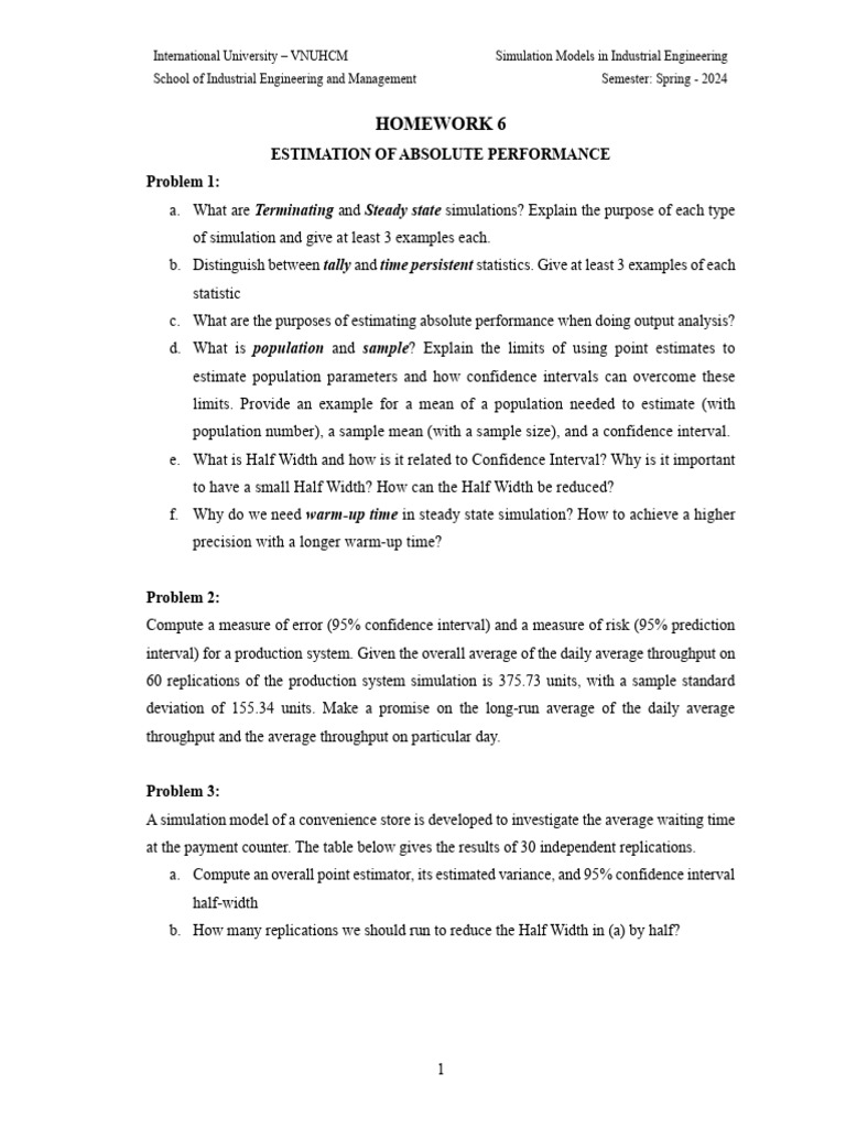 (Simu24) - HW6 - Estimation of Absolute Performance | PDF | Confidence Interval | Estimator