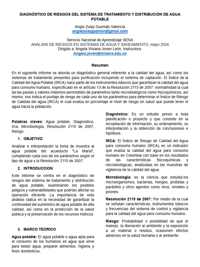 Informe de diagnostico de riesgos del sistema de tratamiento y distribuccion de agua potable ...