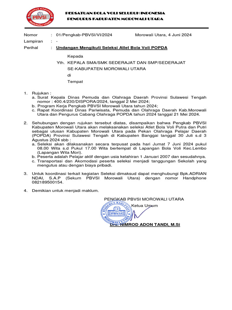 Surat Undangan Seleksi Popda 2024 | PDF