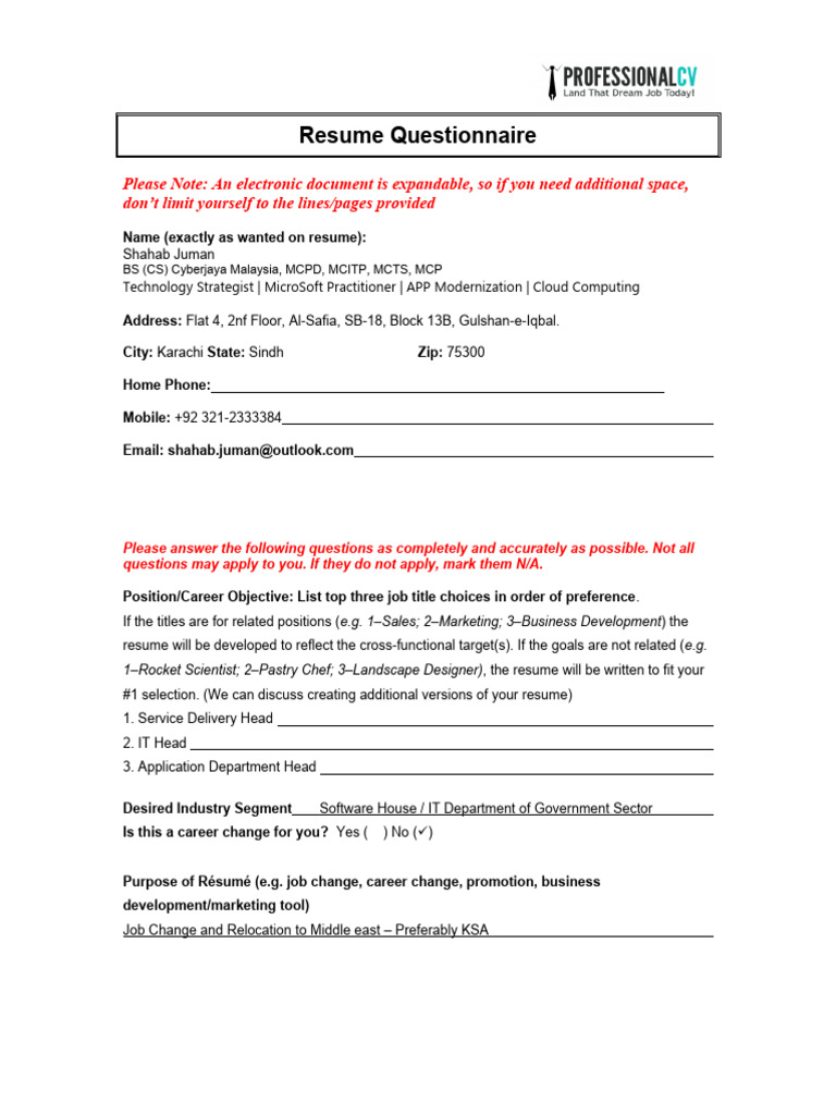 Questionnaire - ProfessionalCV | PDF | Résumé | Application Software