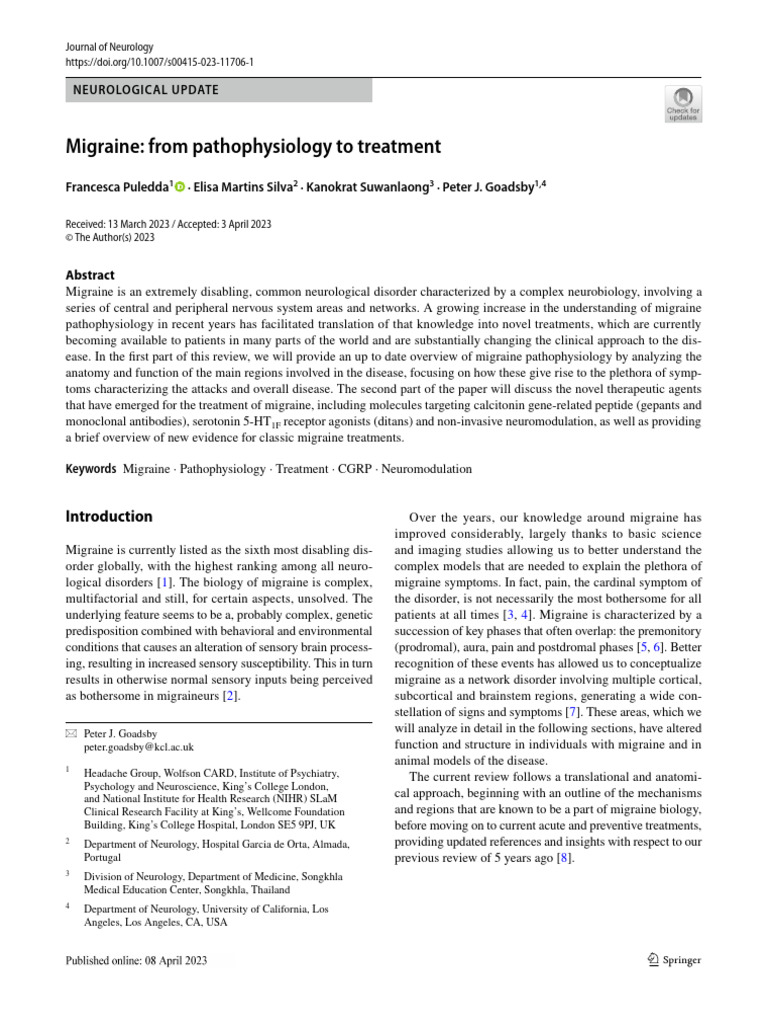 Migraine From Pathophysiology To Treatment | PDF | Migraine | Thalamus