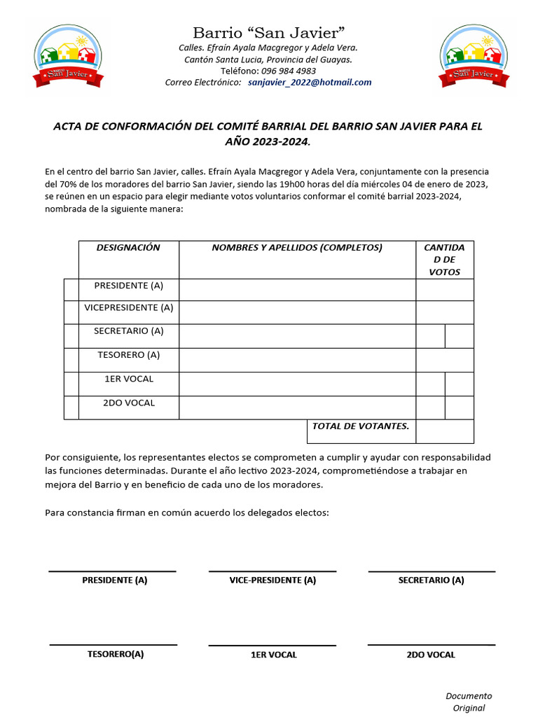 Acta Comité Barrial San Javier 2023-2024 | PDF | Gobierno | Eventos ...