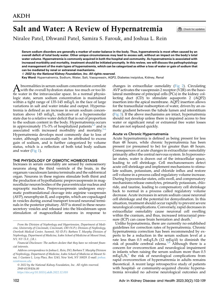 Salt and Water A Review of Hypernatremia | PDF