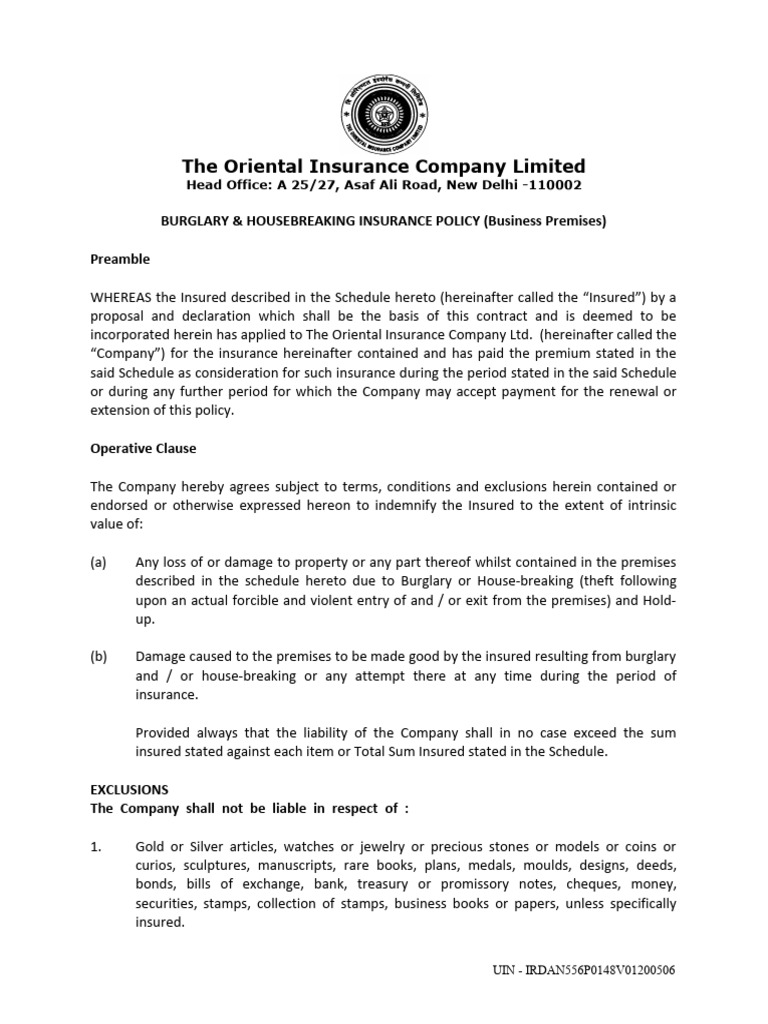 BURGLARY & HOUSEBREAKING INSURANCE POLICY (Business Premises) | PDF ...