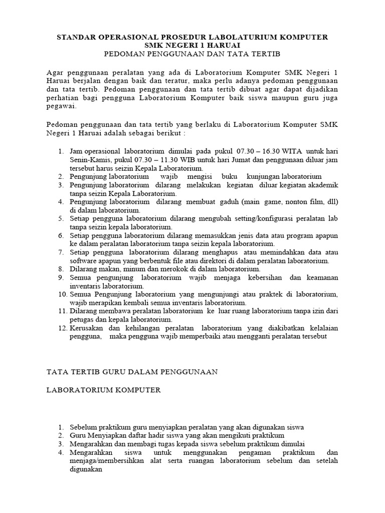 Standar Operasional Prosedur LABolaturium KOMPUTER SMK Negeri 1 Haruai ...
