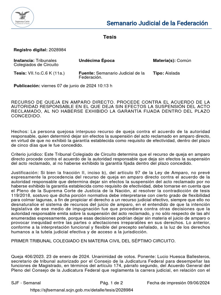 71. T COMÚN RECURSO DE QUEJA EN AMPARO DIRECTO. PROCEDE CONTRA EL ...