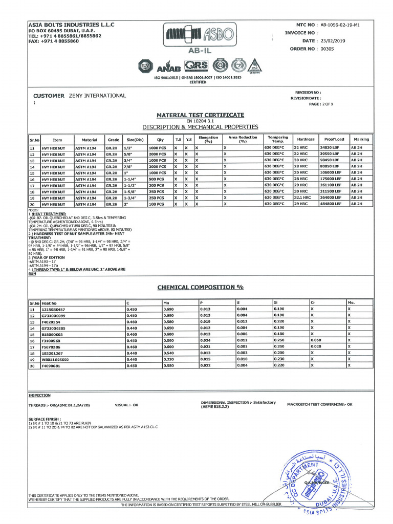 Stud Bolt MTC - 2 | PDF