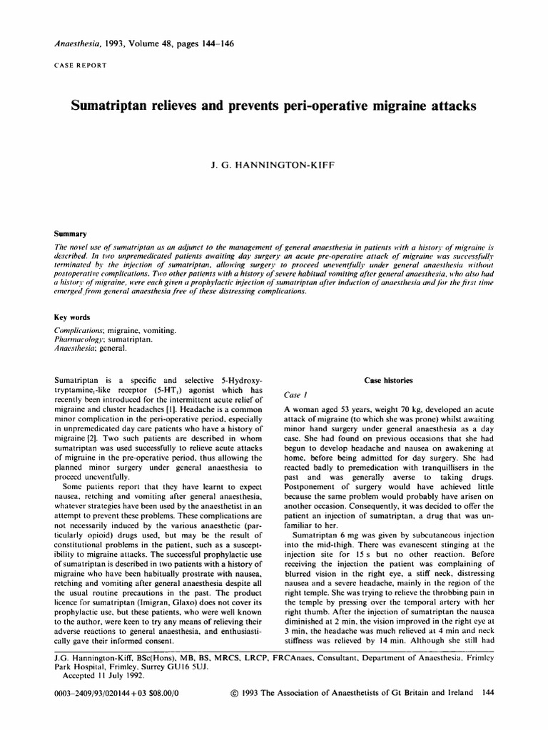Anaesthesia - February 1993 - HANNINGTON KIFF - Sumatriptan Relieves ...