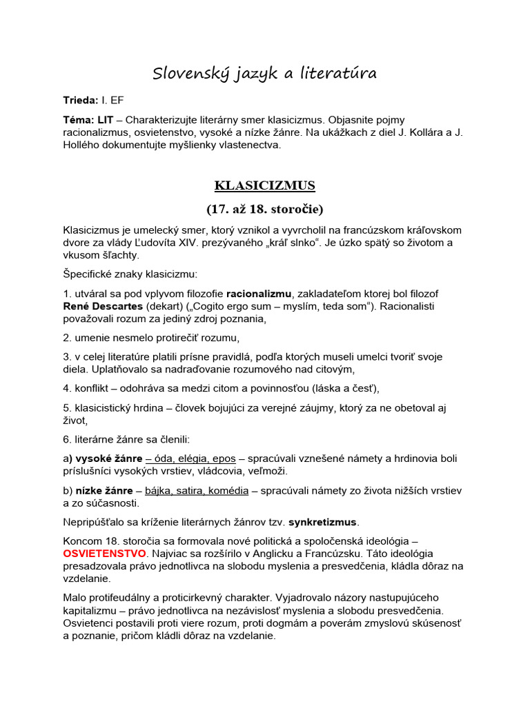 TV SJL I.ef 10 Slovensky Klasicizmus Kubovcikova | PDF