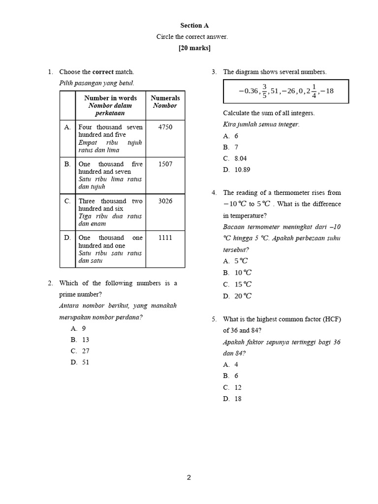 PSPT Mathematics F1 (Section A) | PDF