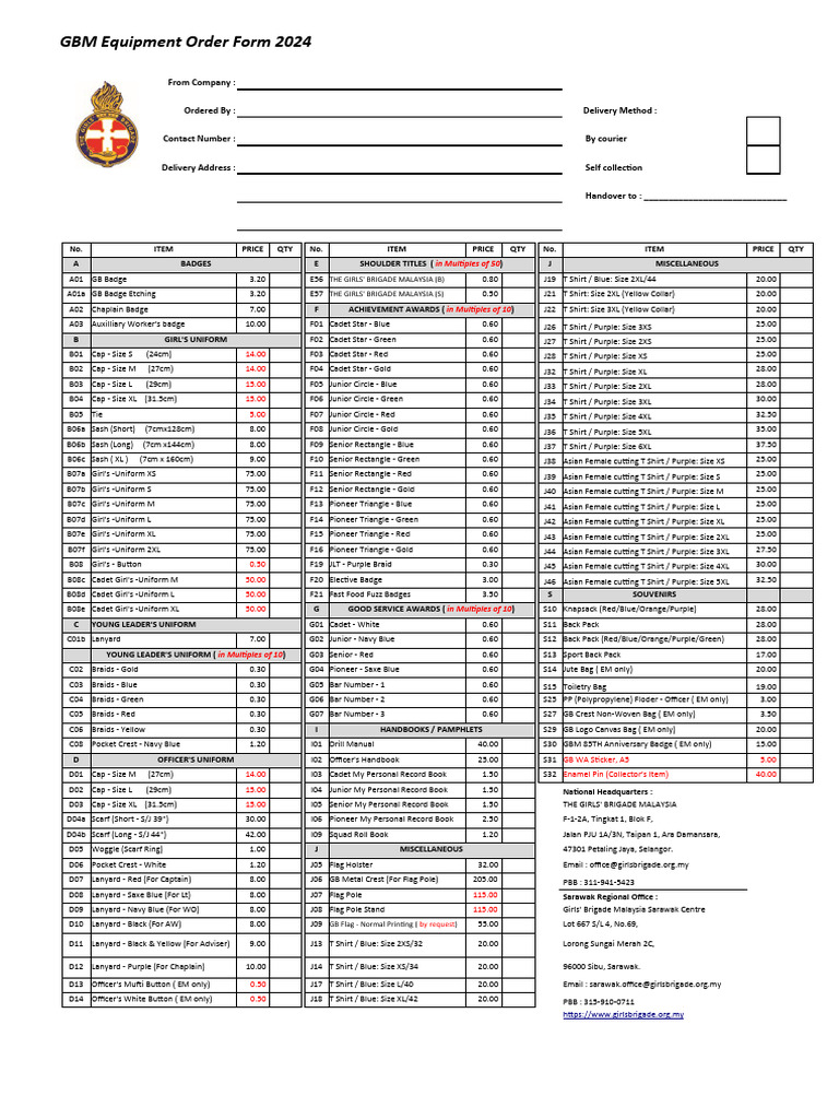 Equipment Order Form Updated 010124 Pdf Clothing