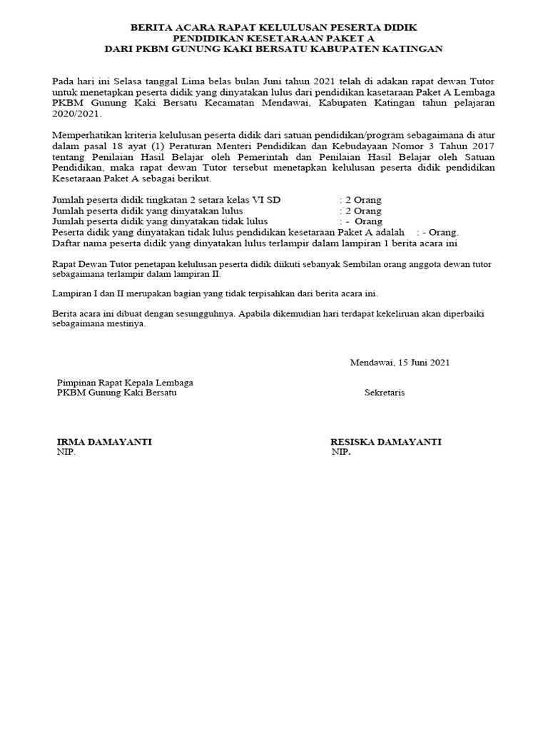 Berita Acara Rapat Kelulusan Peserta Didik PKBM Tahun 2024 | PDF