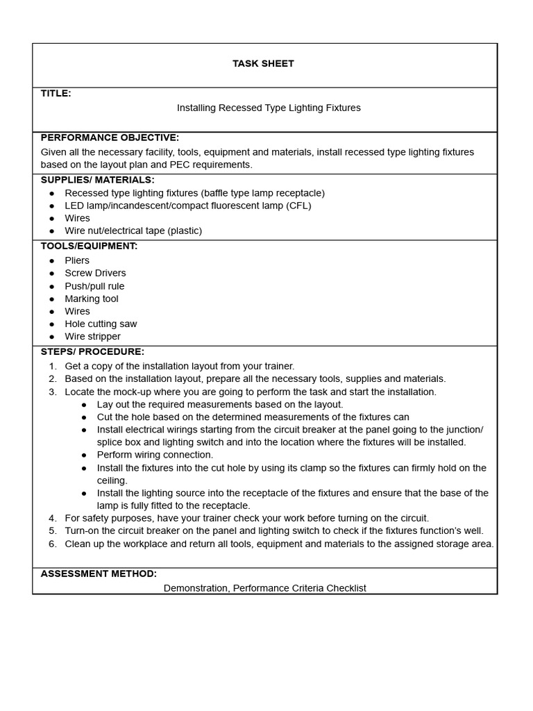 Task Sheet - Installing Recessed Type Lighting Fixtures | PDF ...