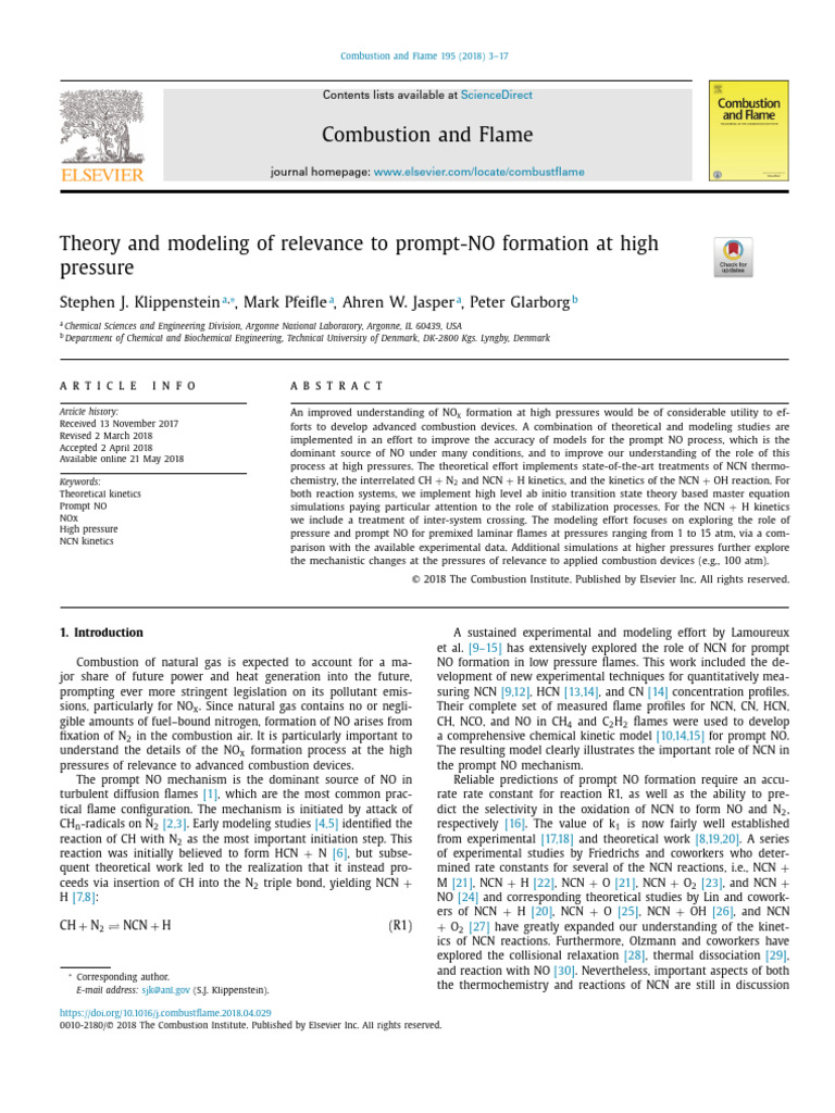 Theory and Modeling of Relevance To prompt-NO Formation at High - 24 ...