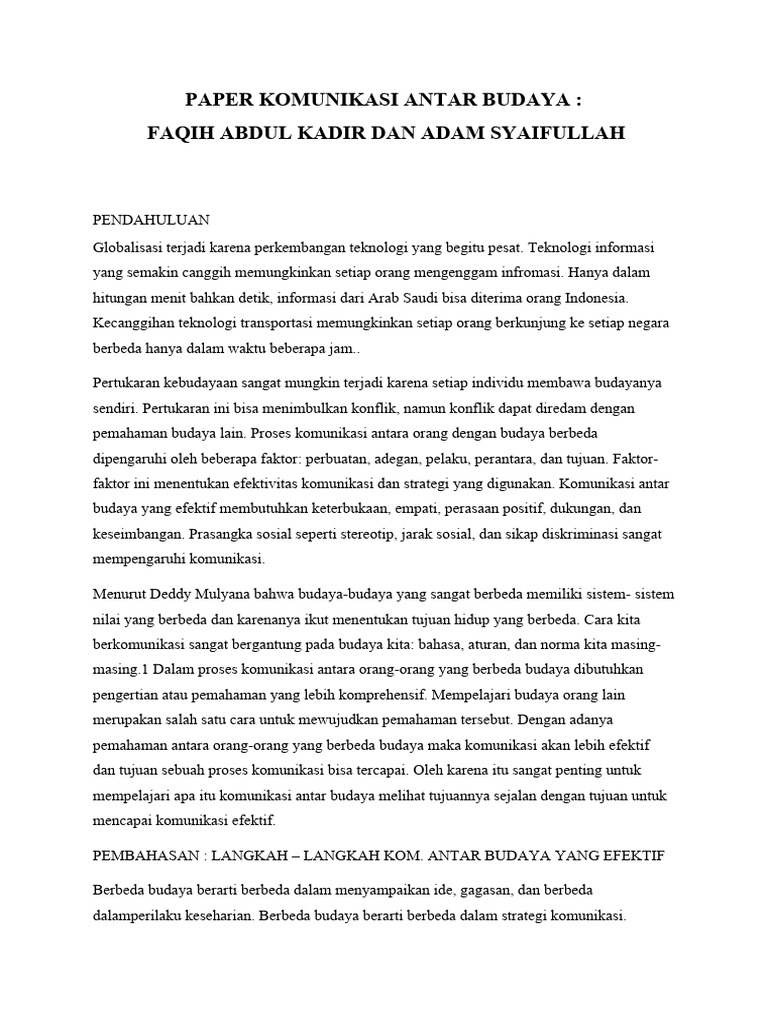 Paper Komunikasi Antar Budaya Faqih Dan Adam | PDF