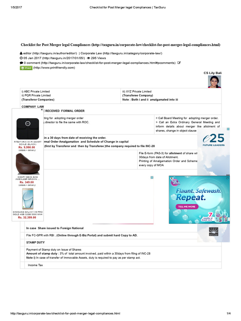 Post Merger Compliance Checklist | PDF | Taxes | Government Finances