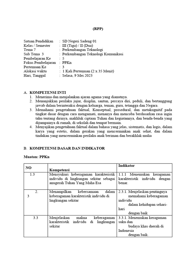 RPP KE-3 KELAS 3 (PPKN) | PDF