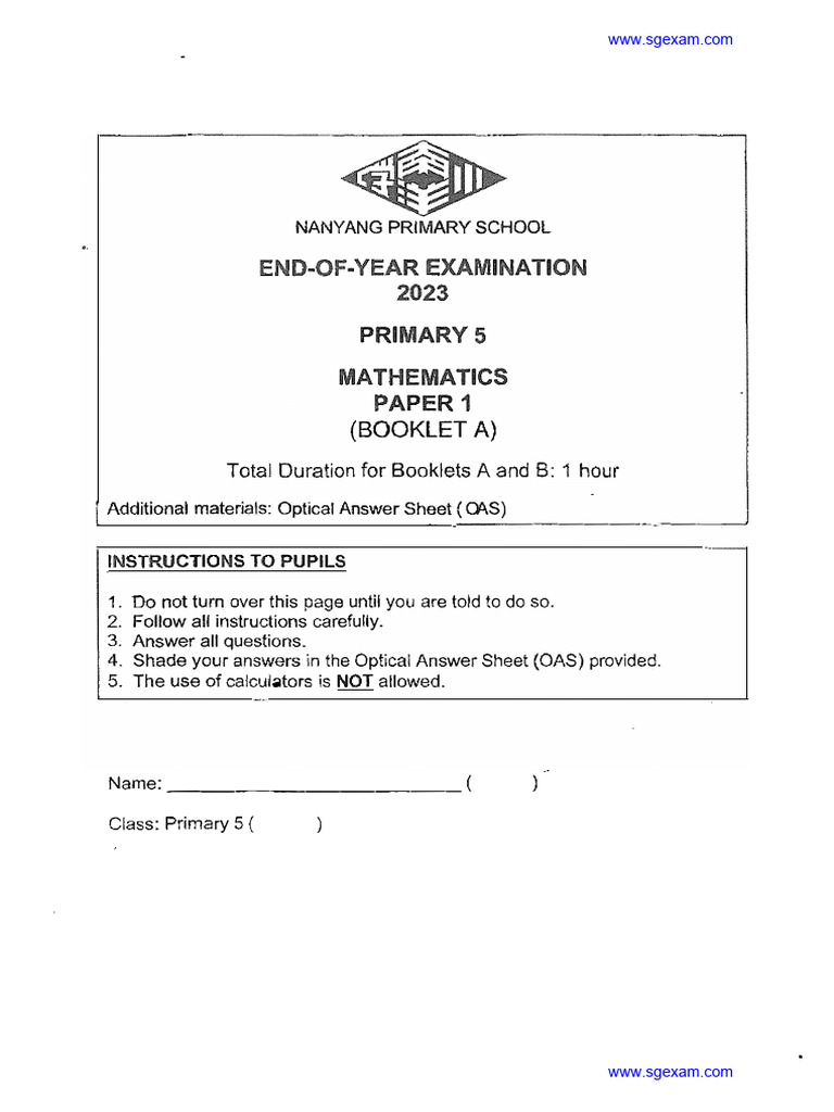 2023 Primary 5 Math Exam Paper 1 | PDF | Qualifications | Educational ...