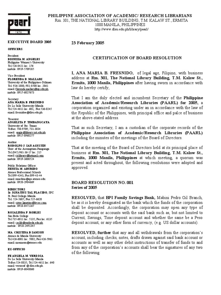 Secretary's Certification of Board Resolution | PDF | Cheque | Deposit ...