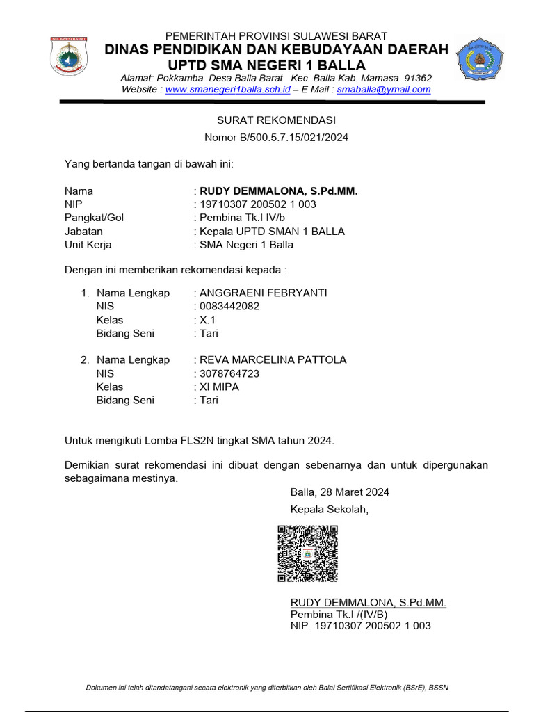 Surat Rekomendasi FLS2N | PDF