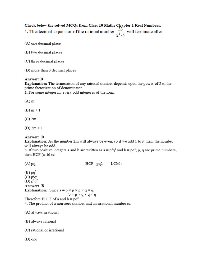 Check Below The Solved MCQs From Class 10 Maths Chapter 1 | PDF | Numbers | Rational Number
