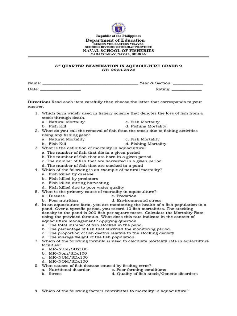 3rd Quarter Exam 2023 2024 PDF Aquaculture Fish