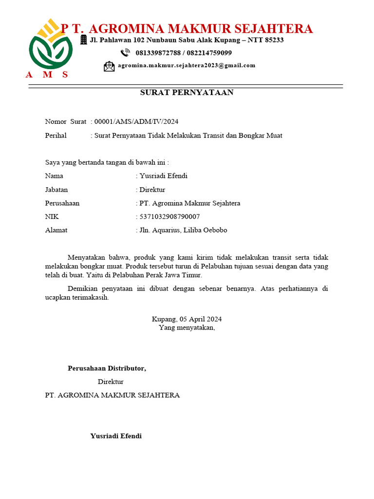 Surat Pernyataan Bongkar Muat | PDF