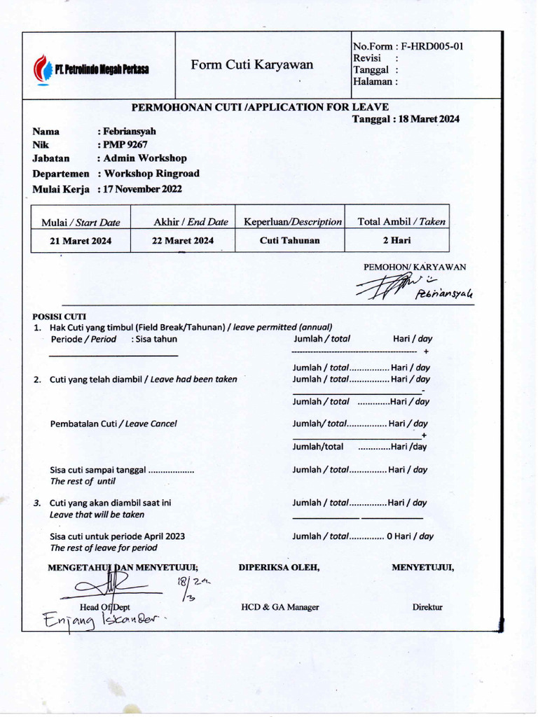 Form Cuti Febriansyah | PDF