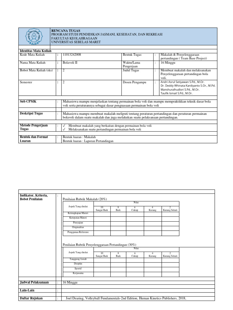 Rancangan Tugas BOLAVOLI II PJKR 2024 Genap REV | PDF