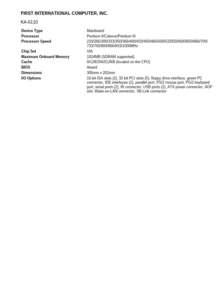 First International Computer KA-6110 Specs | PDF | Central Processing ...