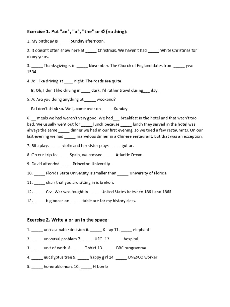 Exercise 1. Put "An", "A", "The" or Ø (Nothing) | PDF | Lunch | Meal