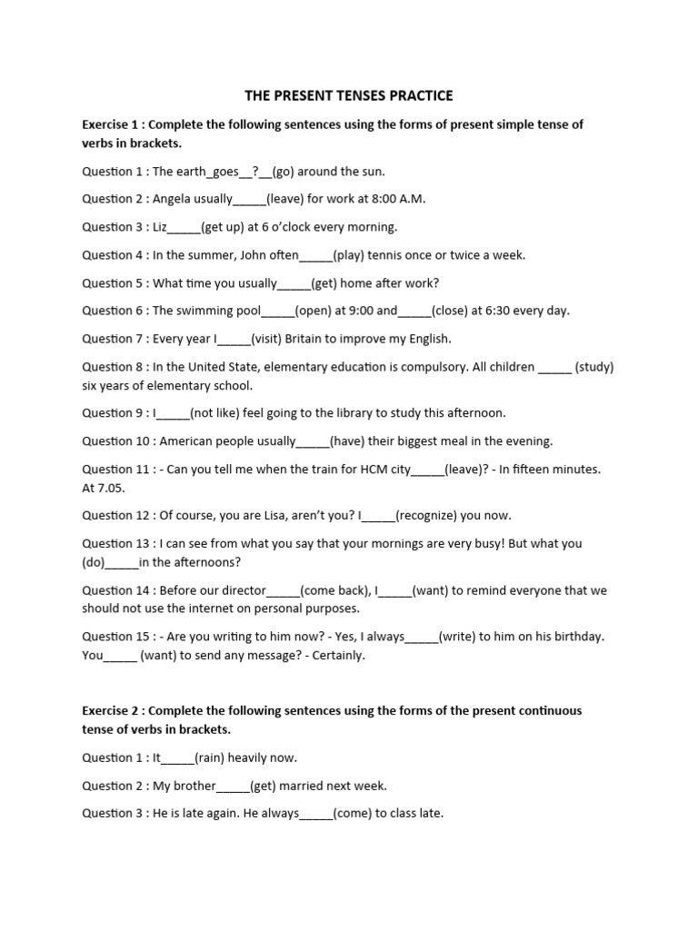 The Present Tenses Practice | PDF | Question