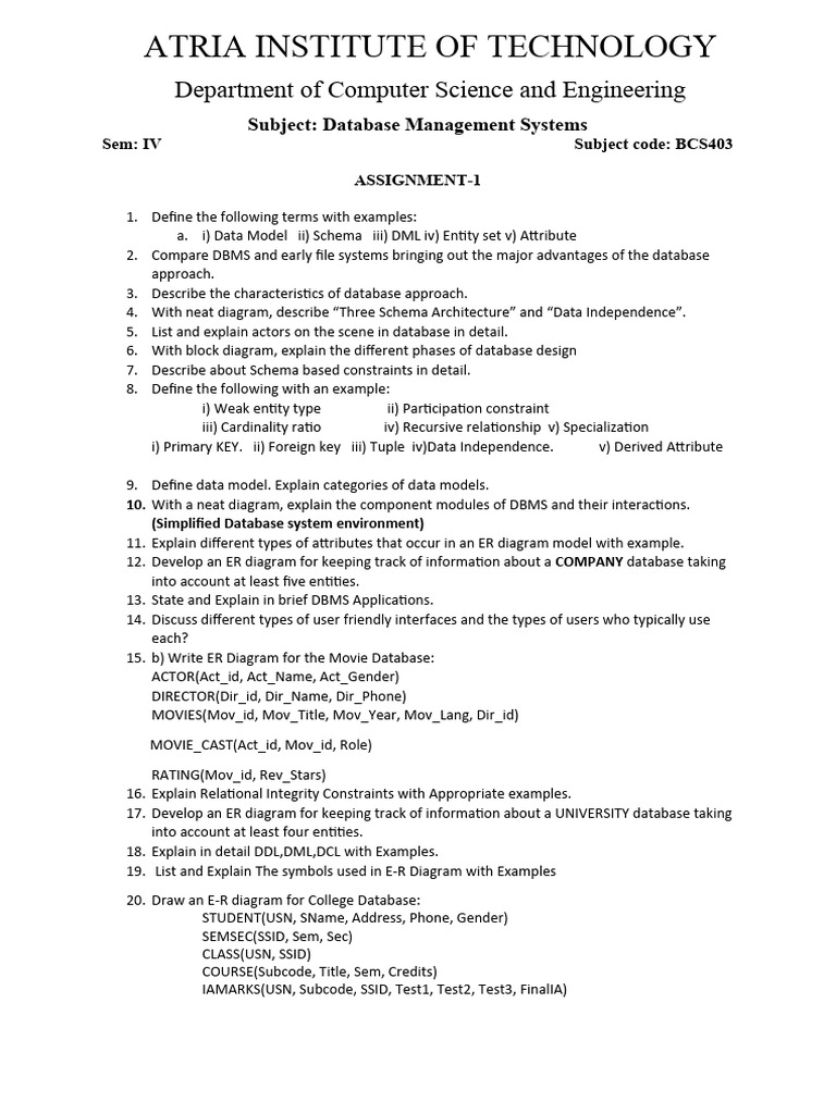 DBMS Question Bank and Assignment - 1 | PDF | Databases | Data Model DBMS Question Bank and Assignment - 1 | PDF | Databases | Data Model