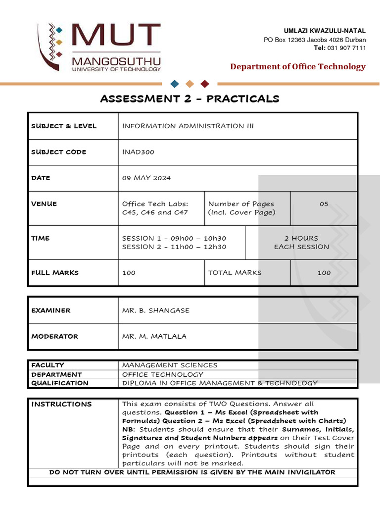 Test Ms Excel Question Paper 2024 | Download Free PDF | Chart | Spreadsheet