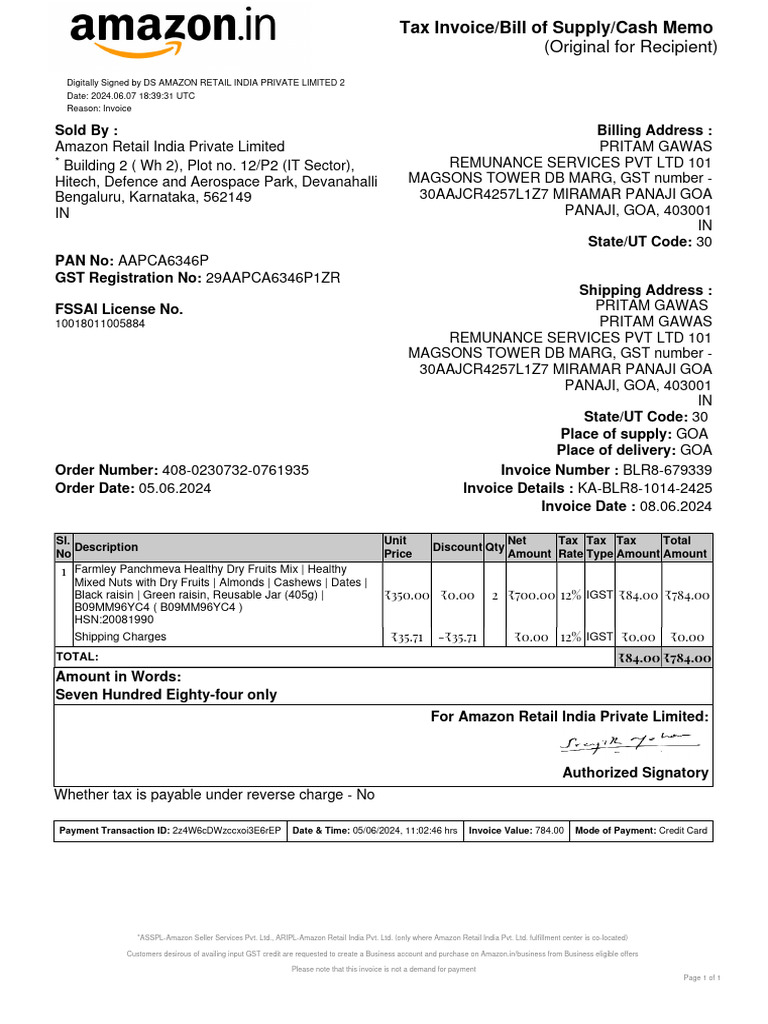 Tax Invoice/Bill of Supply/Cash Memo: (Original For Recipient) | PDF | Invoice | Payments