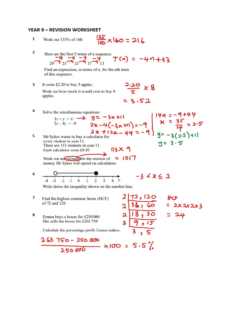 YEAR 9 - Answer Revision Worksheet | PDF