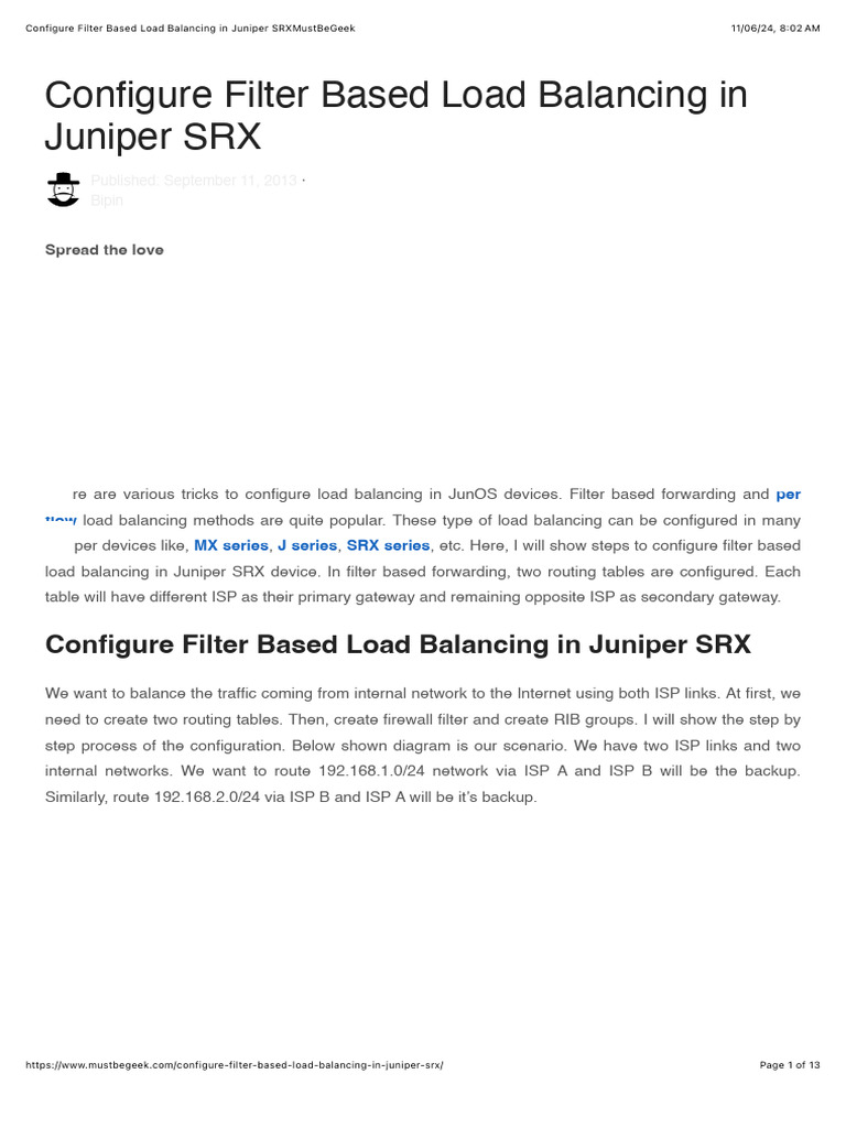 Configure Filter Based Load Balancing in Juniper SRXMustBeGeek | PDF | Routing | Computer Network