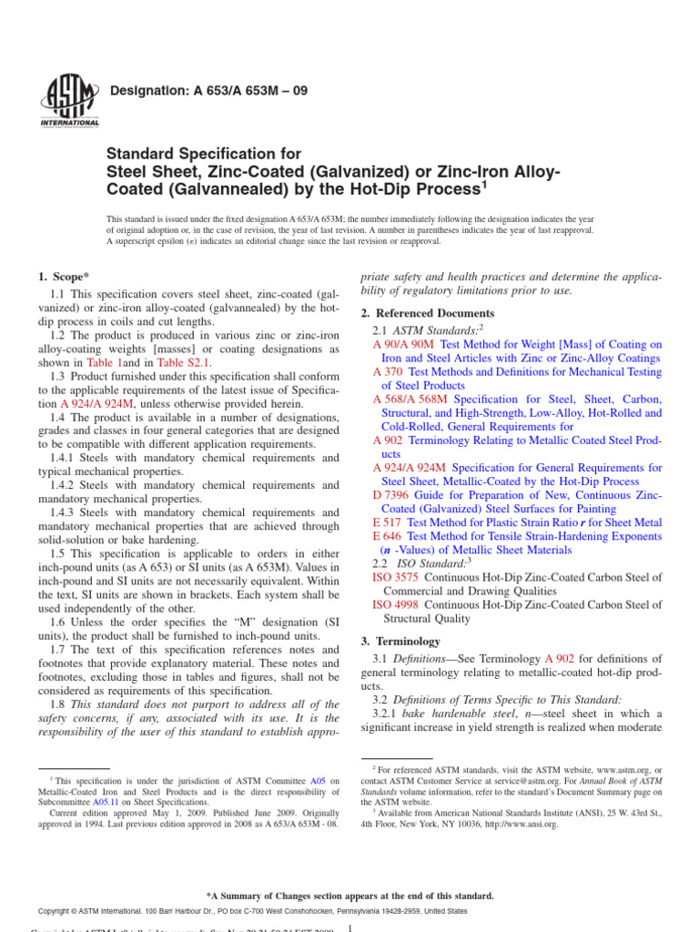 Steel Sheet, Zinc-Coated (Galvanized) or Zinc-Iron Alloy-Coated (Galvannealed) by The Hot-Dip ...