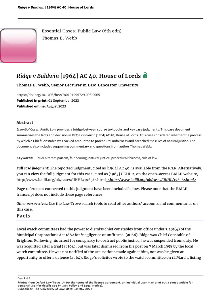 Ridge V Baldwin Case Summary and Commentary | PDF | Judgment (Law ...