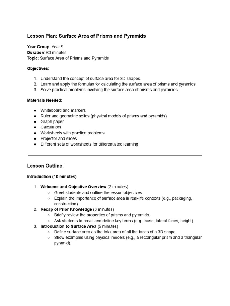 To Print Lesson Plan - Surface Area of Prisms and Pyramids | PDF | Area ...