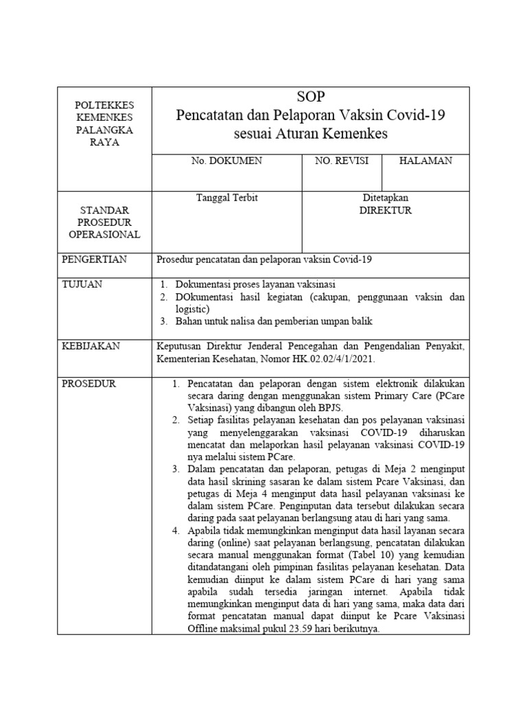 Kelompok 4 - SOP Pencatatan Dan Pelaporan Vaksin Covid-19 Sesuai Aturan Kemenkes | PDF