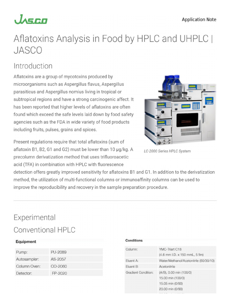 Aflatoxins Analysis in Food by HPLC and UHPLC - JASCO | PDF