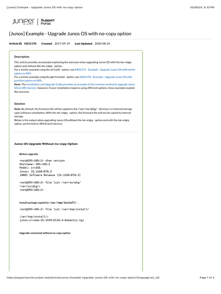 Junos Example Upgrade Junos Os With No Copy Option Pdf Computer Engineering Computer