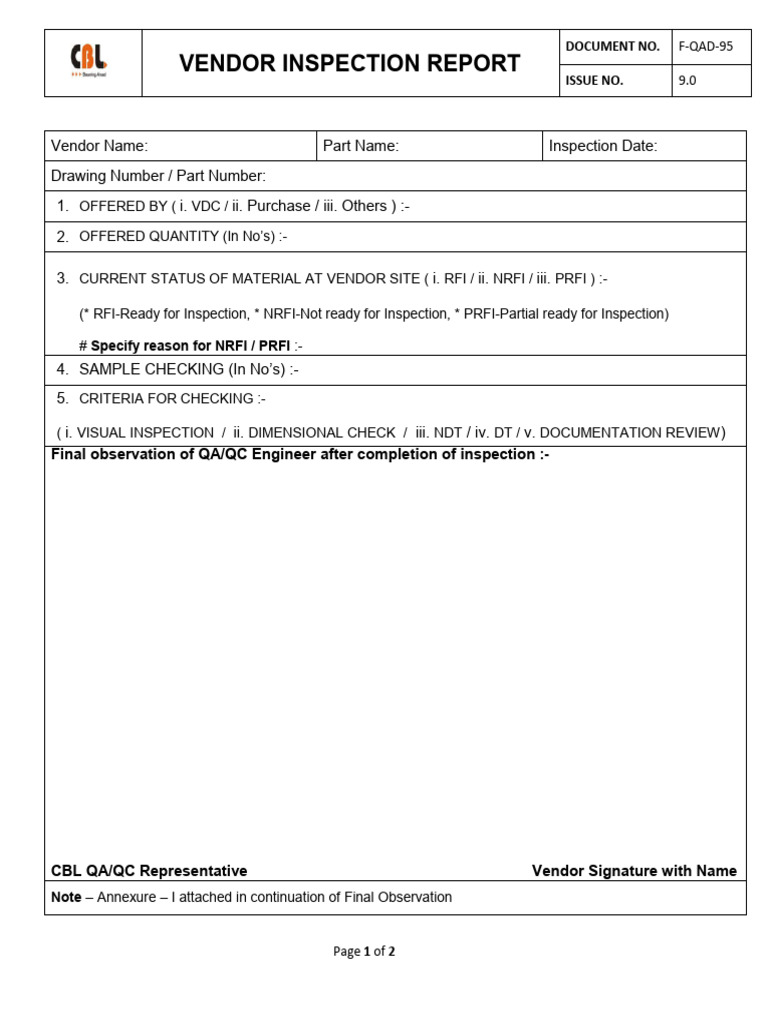 Vendor Inspection Report Format | PDF